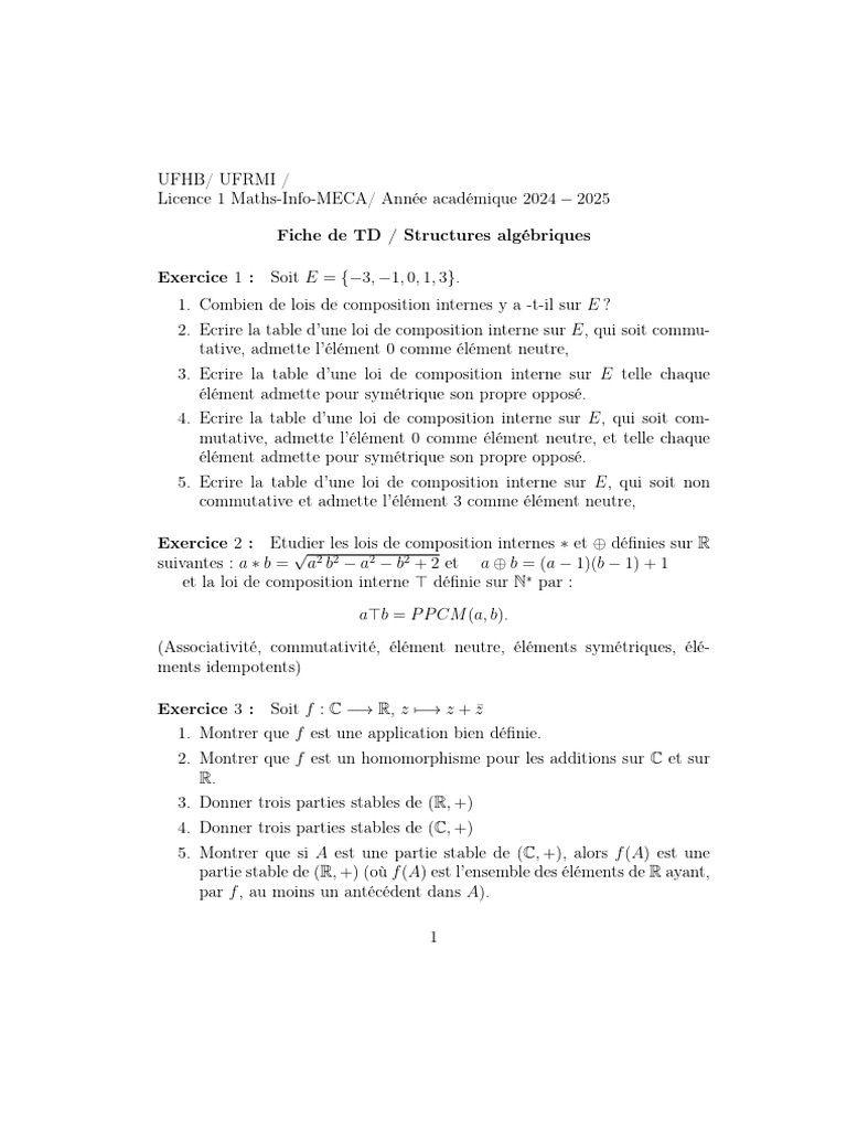 Exercice de Structures Algébriques 2024 | PDF | Anneau (mathématiques ...
