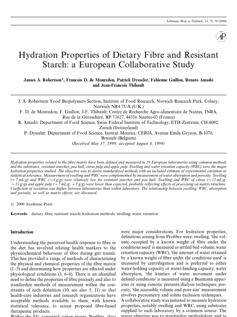 Hydration Properties of Dietary Fibre and Resistant Starch: A European ...