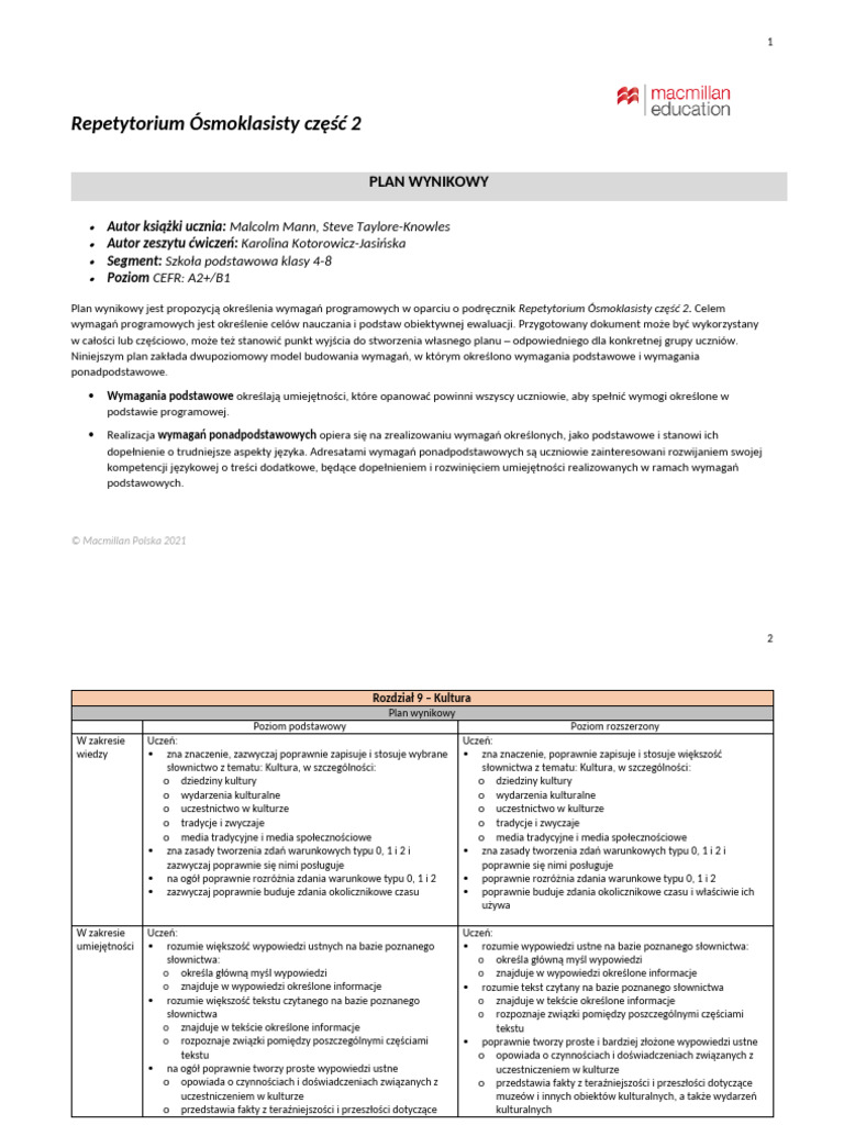 Repetytorium Osmoklasisty cz2 PLAN WYNIKOWY | PDF