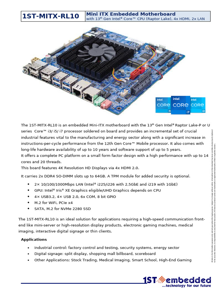 Mini ITX Embedded Motherboard 1ST MITX RL10 | PDF | Office Equipment | Electronics