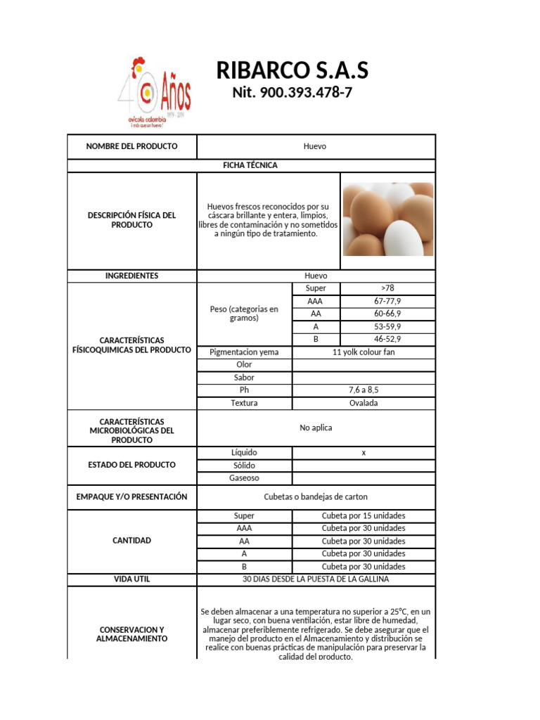 FICHA TECNICA DEL HUEVO Ribarco | PDF | Conservación de los alimentos