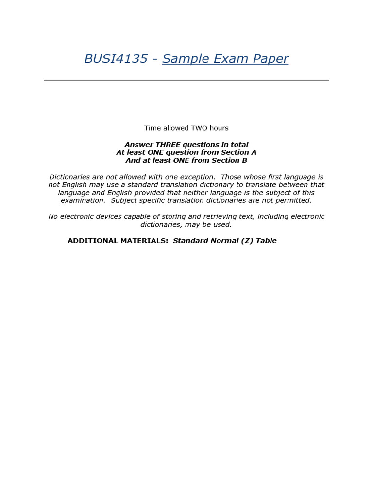 BUSI4135 - Sample Exam Paper 2024 | PDF