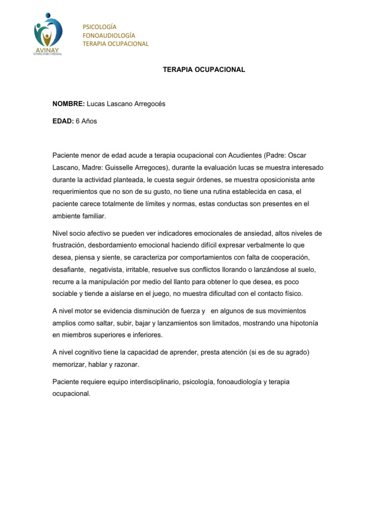 Terapia Ocupacional para Lucas Lascano | PDF | Relaciones personales ...