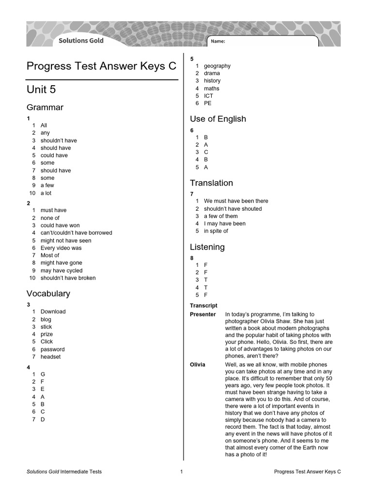 Sol Gold Int Progress Test Unit 5C Answer Key 2 | PDF | Selfie