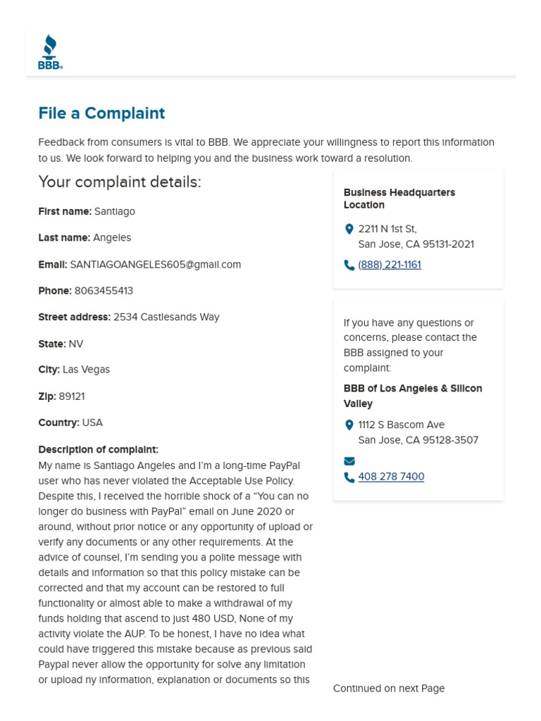 Step 3 - File Complaint Against PayPal, Inc. - Better Business Bureau ...