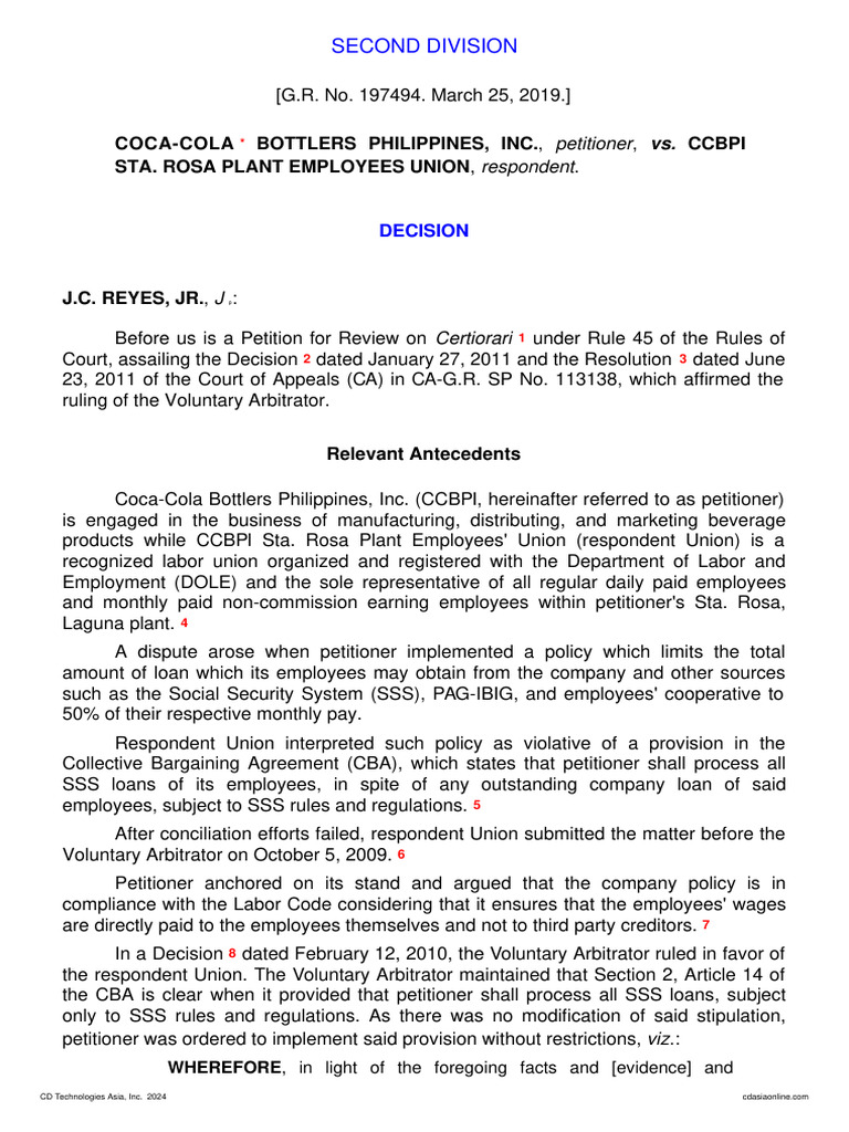 Coca-Cola Bottlers Philippines, Inc. v. CCBPI Sta. Rosa Plant Employees ...