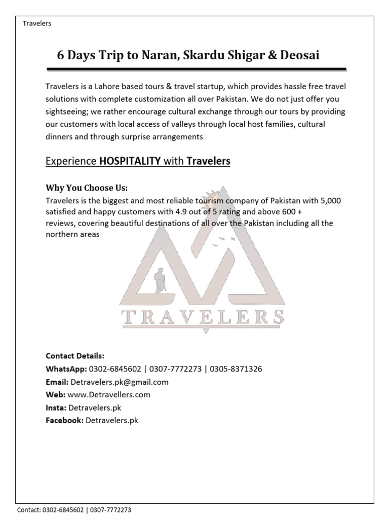 6 Days Trip To Naran, Skardu Shigar & Deosai | PDF | Lunch | Cuisine