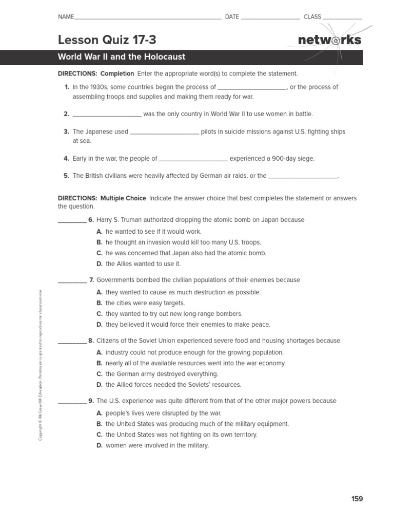 Lesson Quiz 17-3: World War II and The Holocaust | PDF | World War II ...