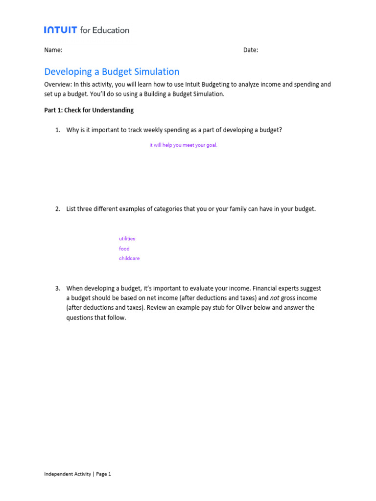 Jayden McKinney - 4-3 Building A Budget Simulation Worksheet | PDF ...