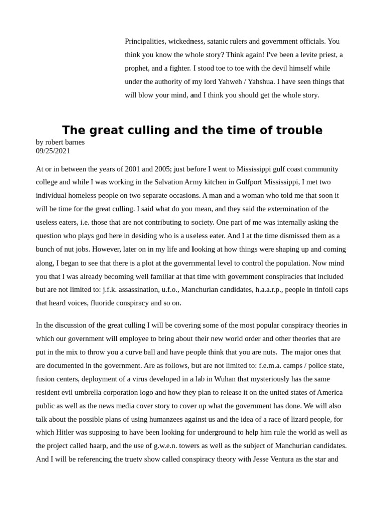 the great culling | PDF | New World Order (Conspiracy Theory)