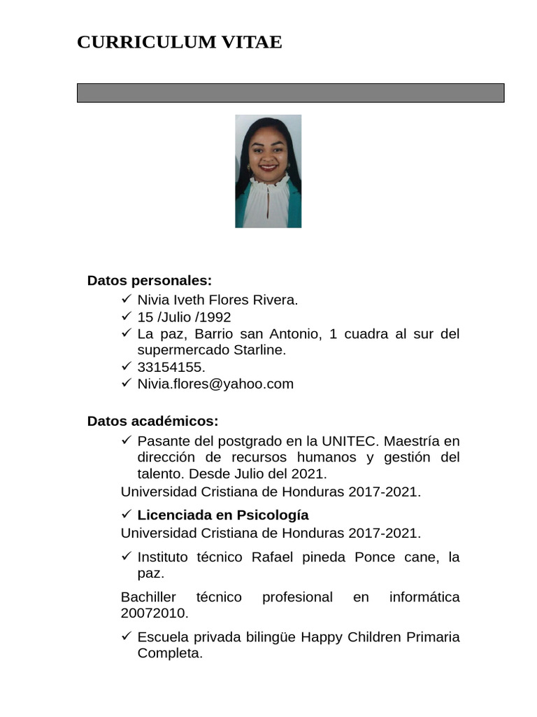 Curriculum Vitae. Nivia Flores.2024 | PDF | Honduras | Sicología