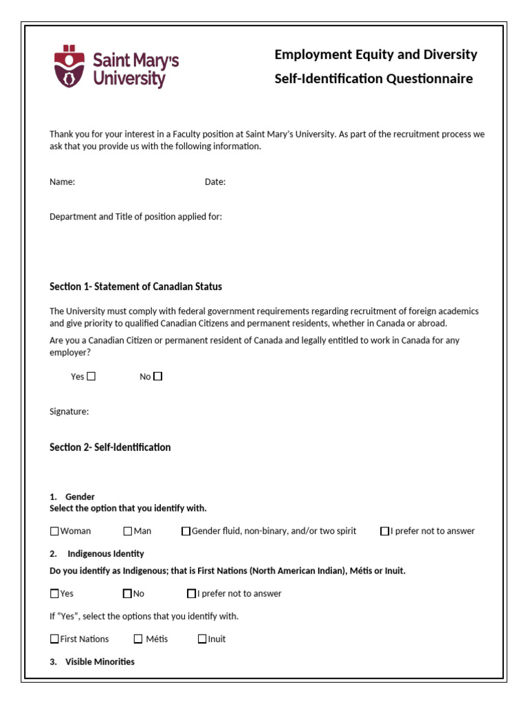 Employment Equity Self-Identification Form | PDF | Minority Group | Affirmative Action