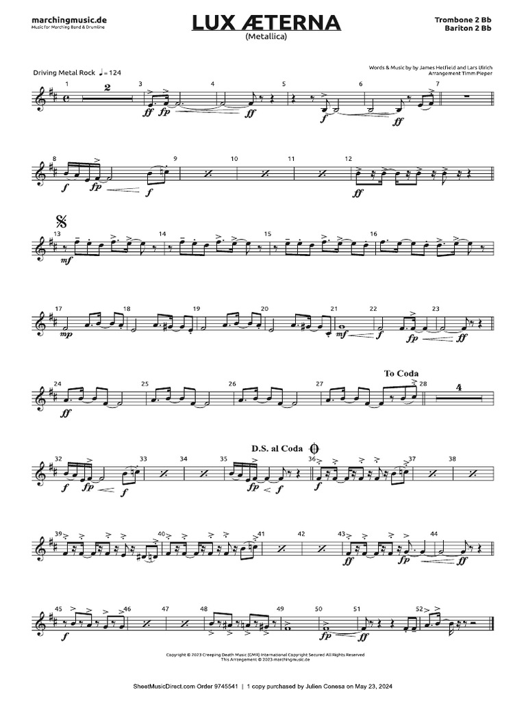 Lux Aeterna (Metallica) - Euphonium Baryton 2 Sib TC | PDF