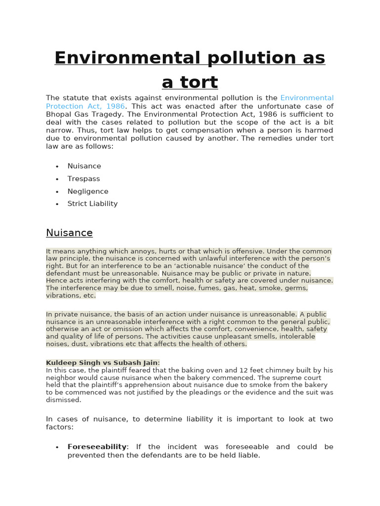 Environmental Pollution As A Tort | PDF | Negligence | Nuisance