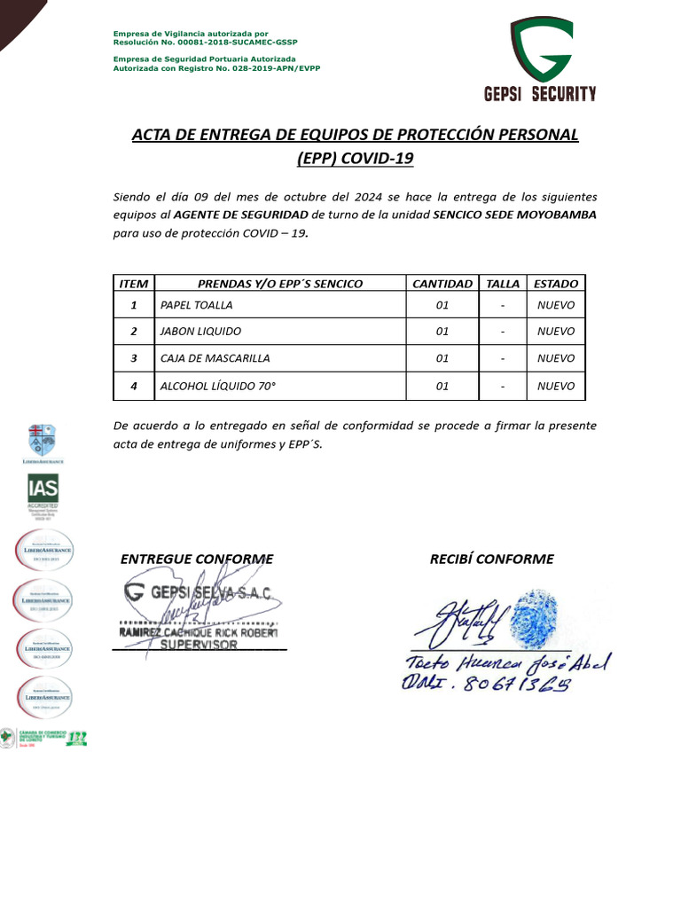 Acta de Entrega Epp S Covid-19 | PDF