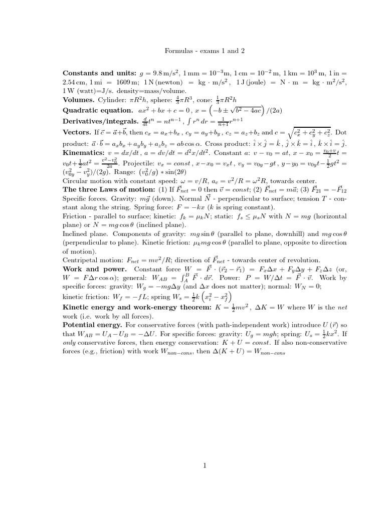 Formula Chart, Phys111, Common Exams 1 and 2 | PDF | Force | Temporal Rates