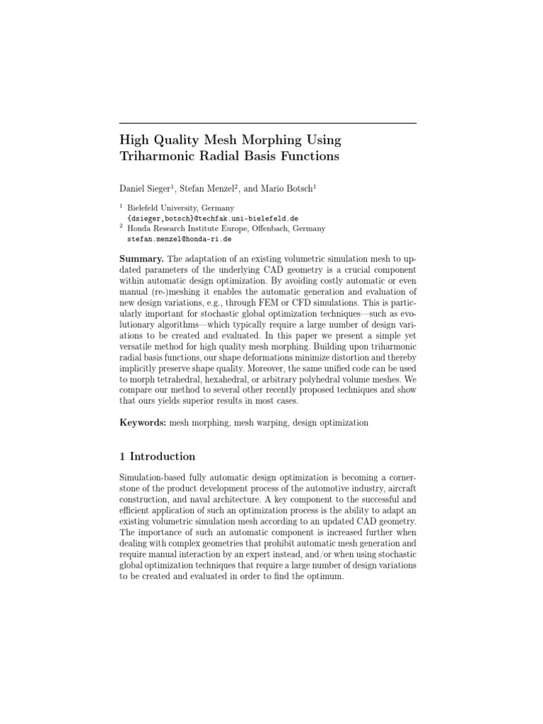High Quality Mesh Morphing Using Triharmonic Radial - 1 | PDF | Mathematical Optimization ...