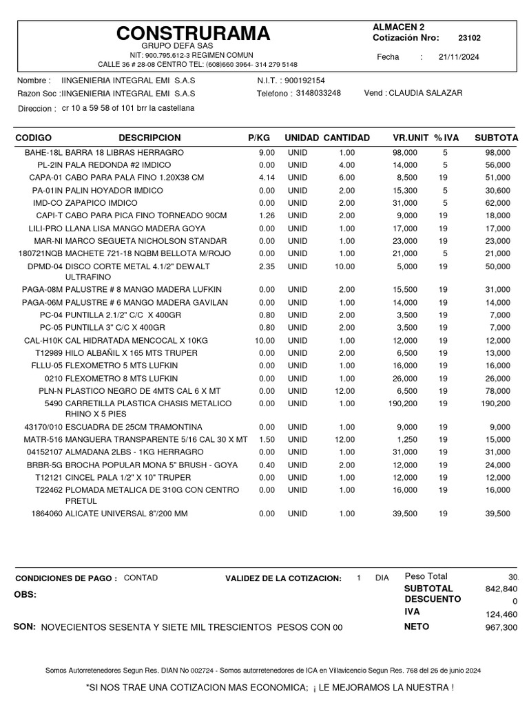 Construrama: Cotización Nro: Almacen 2 | PDF