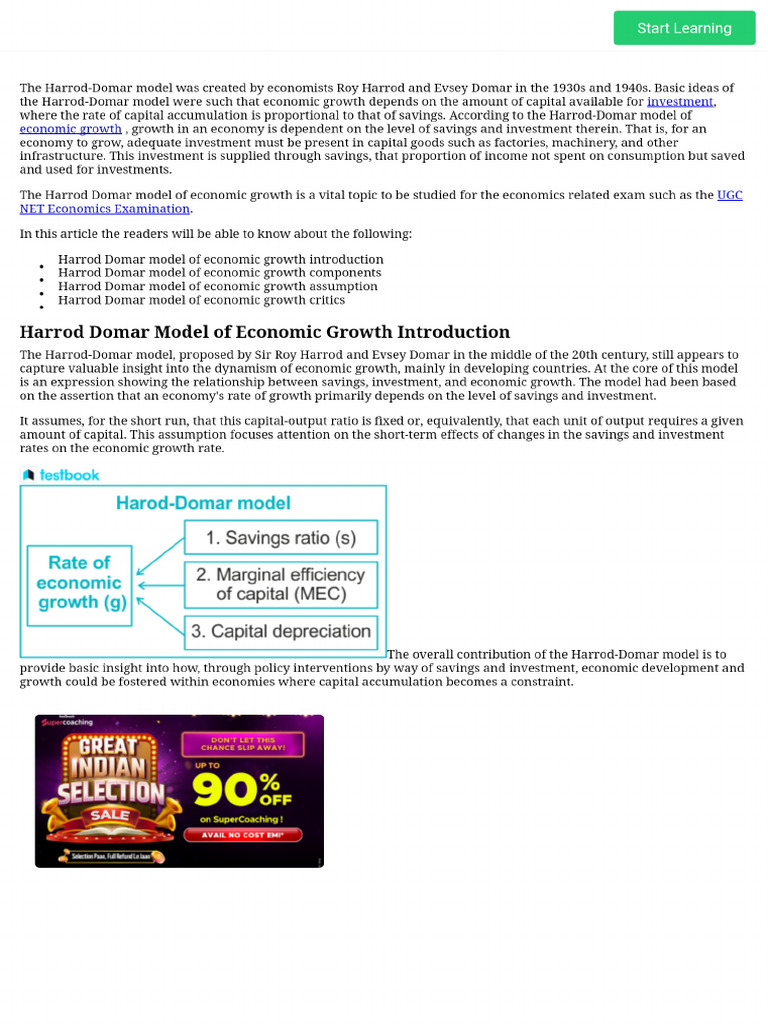 Harrod Domar Model of Economic Growth For UGC NET Economics Notes | PDF