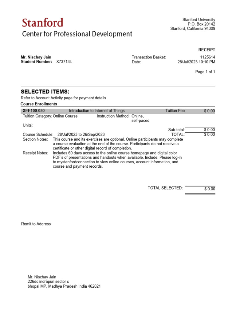 Stanford Center For Professional Development Receipt | PDF