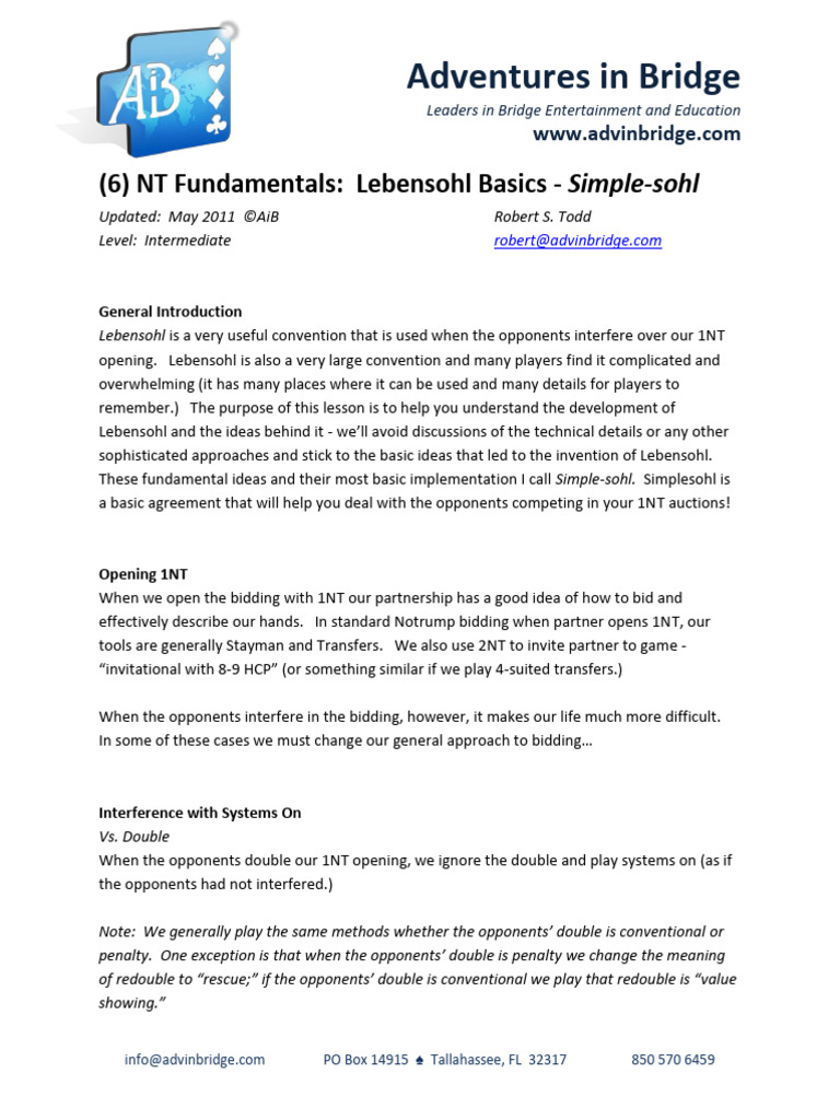 Lebensohl Basics: Simple-sohl Guide | PDF | Contract Bridge