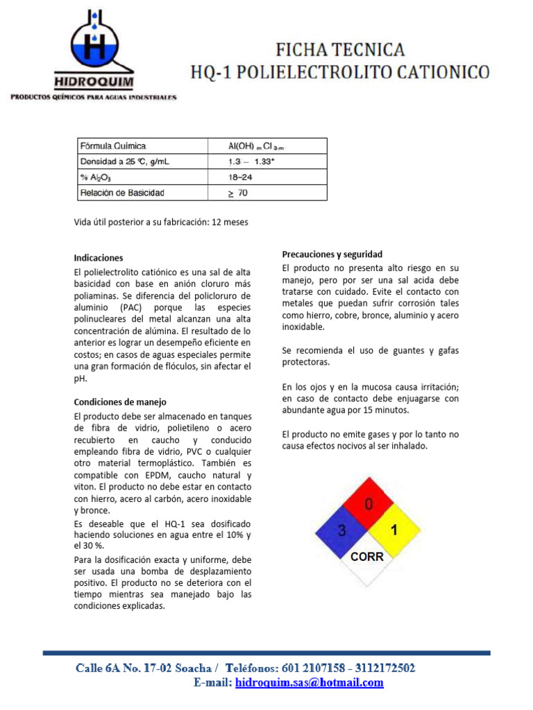 FICHA TÉCNICA HQ-1 POLIELECTROLITO CATIÓNICO Def. | PDF | Hogar ...