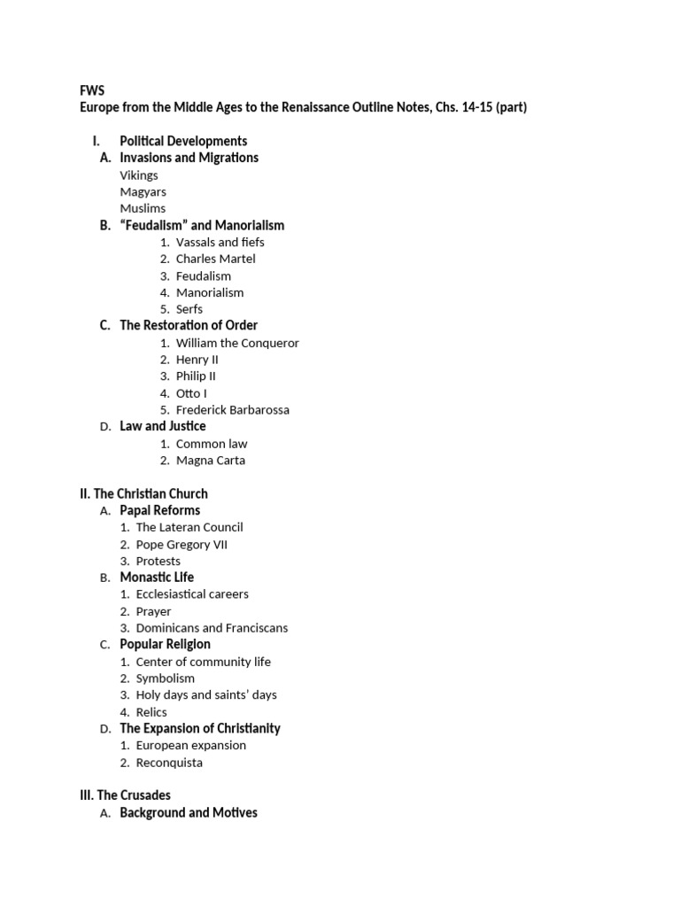 FWS - Outline Notes Europe 700-1450 | PDF | Crusades | Renaissance