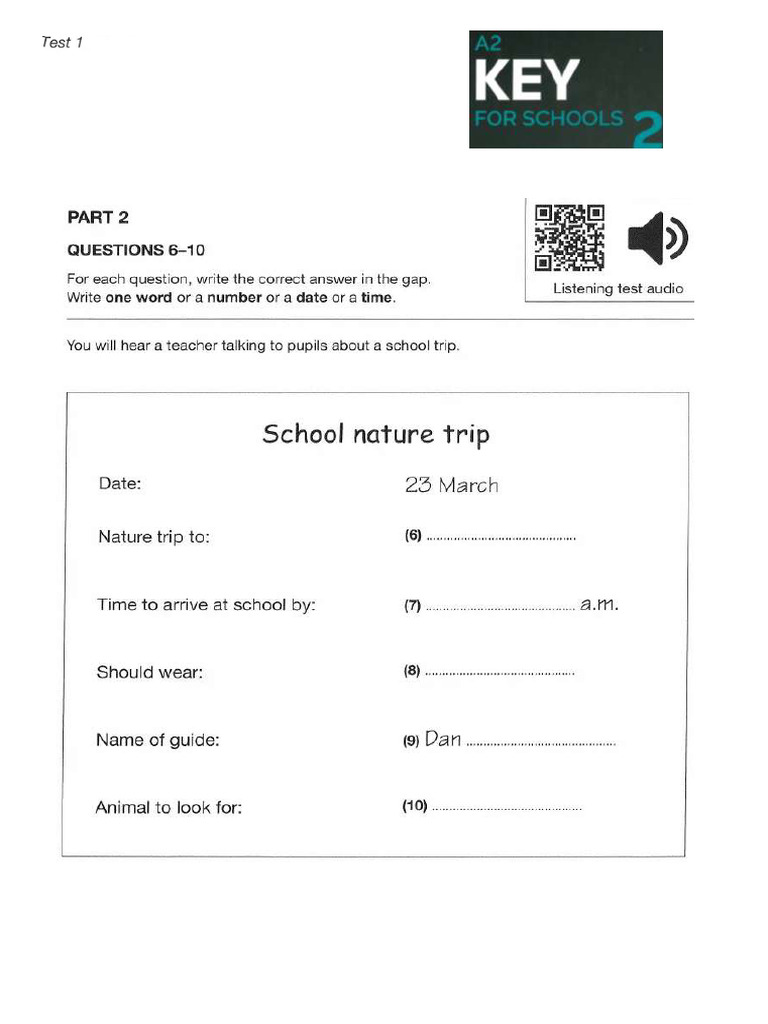 Cambridge A2 Key For Schools 2 Test 1 Listening | PDF