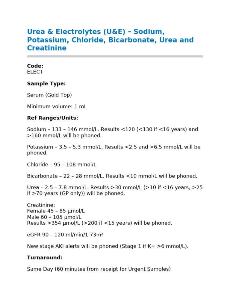 Urea Electrolytes and Creatinine | PDF | Kidney | Creatinine