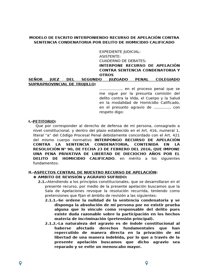Modelo de Escrito Interponiendo Recurso de Apelacion Contra Sentencia Condenatoria Por Delito de ...