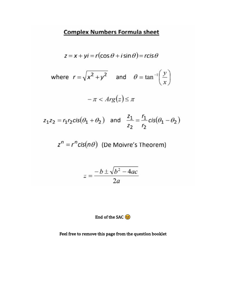 Complex Numbers Formula Sheet | PDF