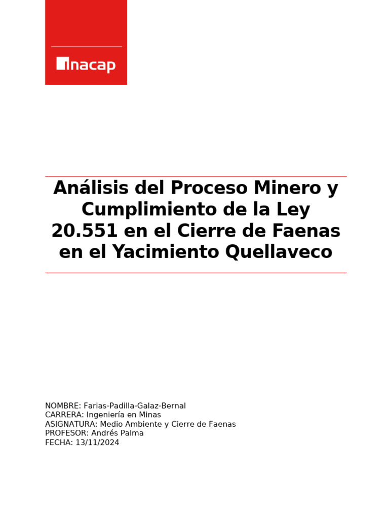 Informe Inacap Medioambiente y Cierre Faenas Mineras Cumplimiento de La Ley 20.551 ABP2 | PDF ...