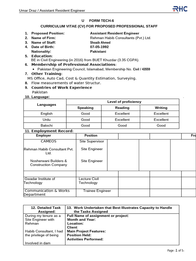 Umar Draz: Assistant Resident Engineer CV | PDF | Dam | Regulatory ...