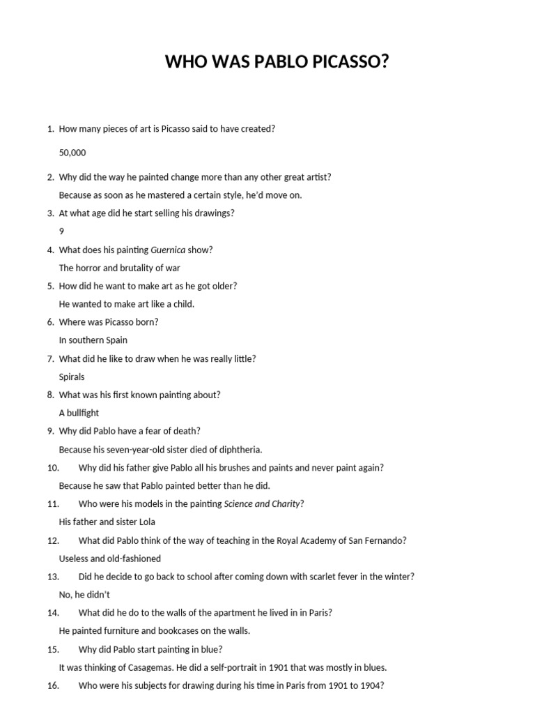 WHO WAS PABLO PICASSO - Answer | PDF | Pablo Picasso | Movements