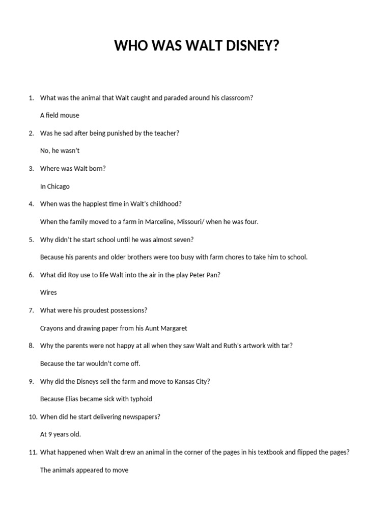 WHO WAS WALT DISNEY - Answer | PDF | Walt Disney | Animation