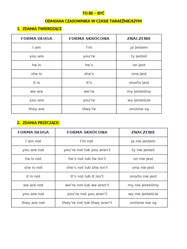 To Be - Odmiana W Czasie Taraźniejszym | PDF