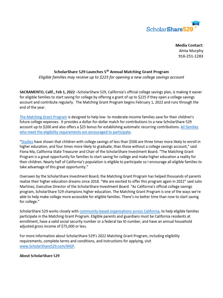 ScholarShare 529 Matching Grant Program | PDF | Public Finance | Payments