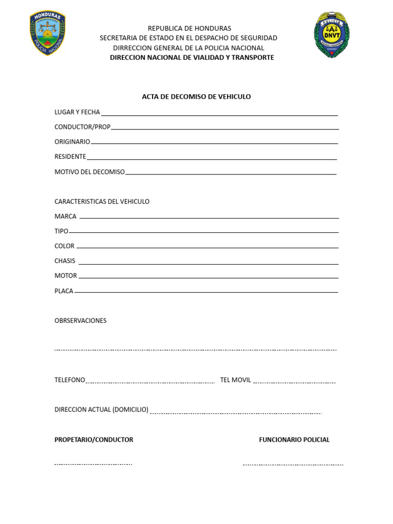 Acta de Decomiso de Vehiculo | PDF