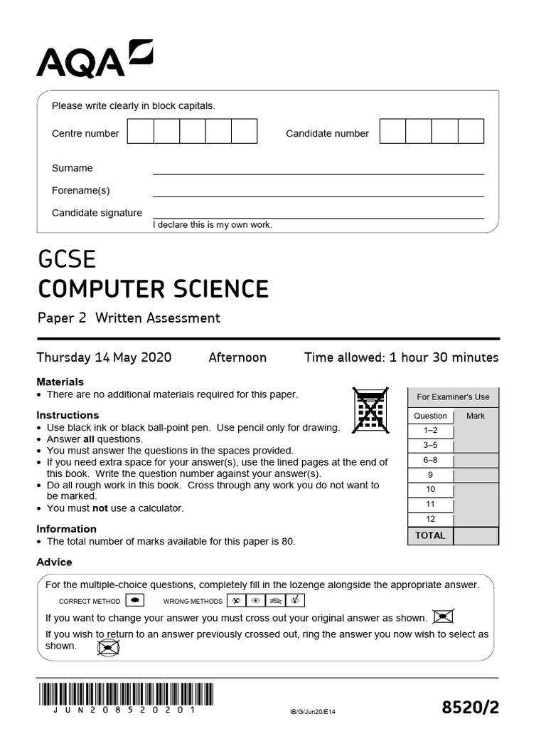 June 2020 QP - Paper 2 AQA Computer Science GCSE | PDF | Computer Data Storage | Computing