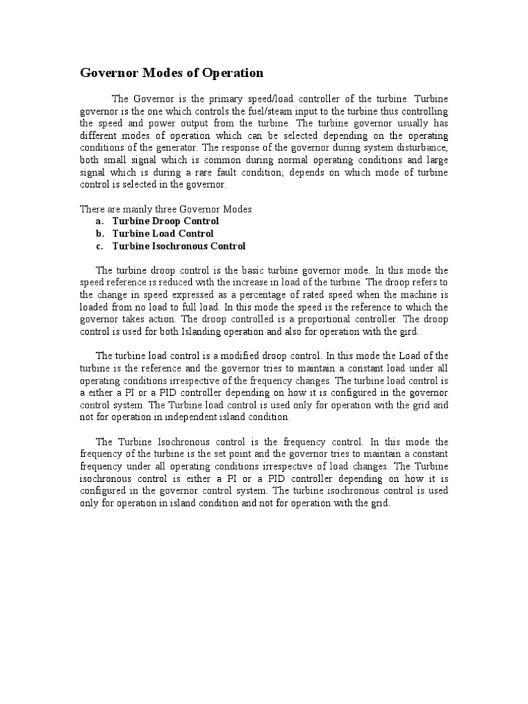 Governor Modes in Turbine Control | PDF | Electric Generator ...