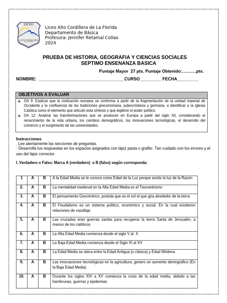 Prueba Septimo 2024 Edad Media | PDF | Edades medias | Baja Edad Media