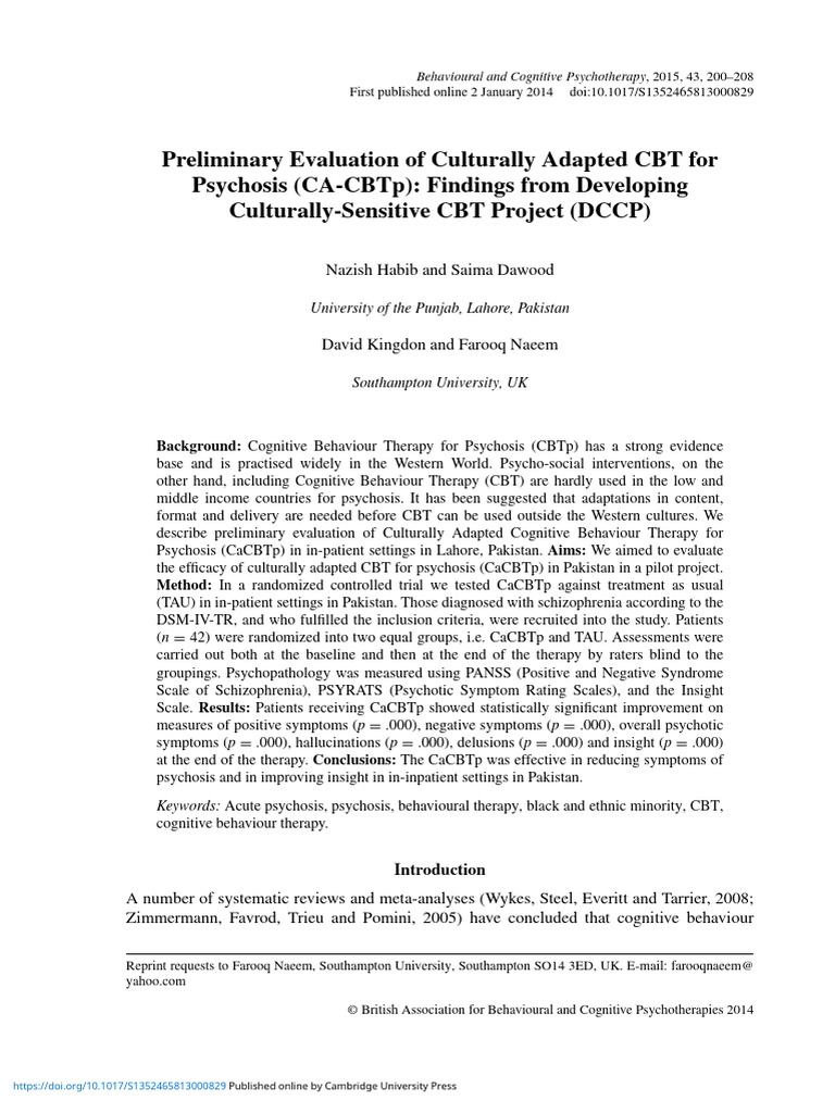 Preliminary Evaluation of Culturally Adapted CBT For Psychosis (Ca-Cbtp) : Findings From ...