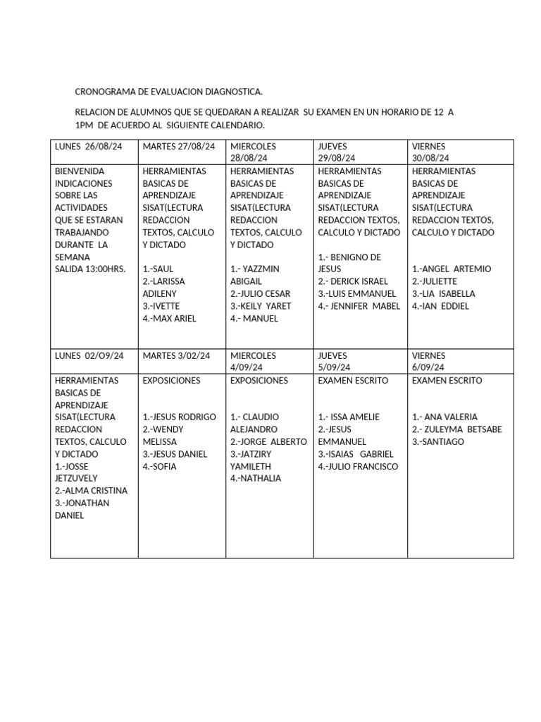 Cronograma de Evaluacion Diagnostica | PDF