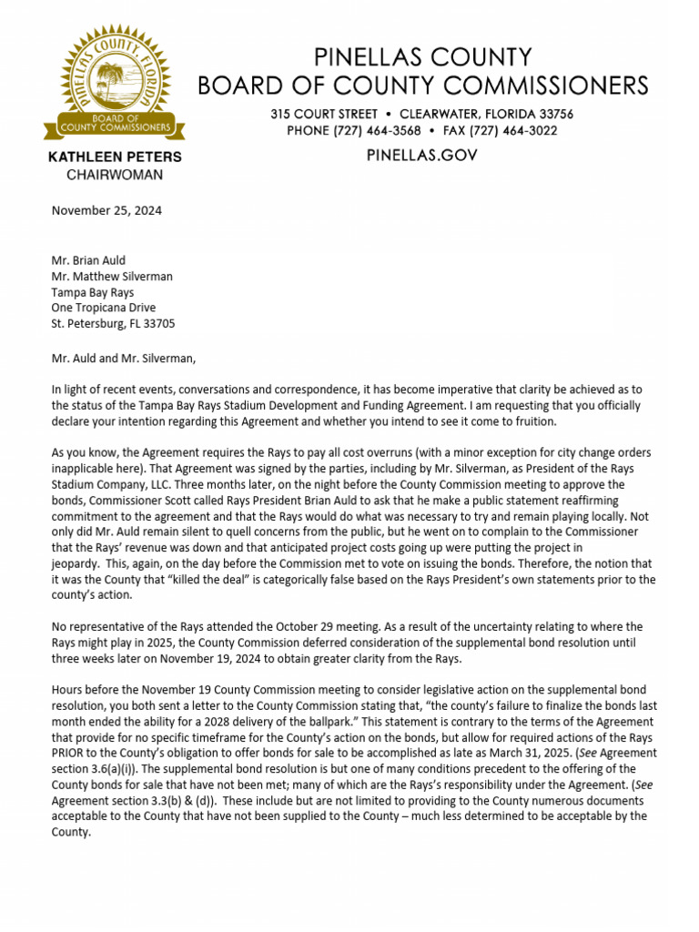 Letter To Rays From Pinellas BCC Chair Peters | PDF | Justice | Crime ...