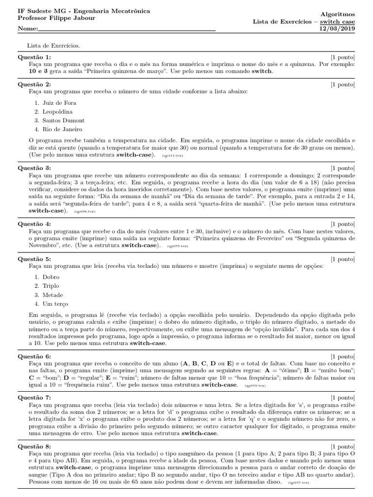 Lista Switch Case | PDF | Teclado de computador | Algoritmos