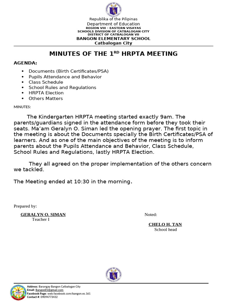Acr Hrpta-Meeting - 1ST | PDF | Teachers | Schools