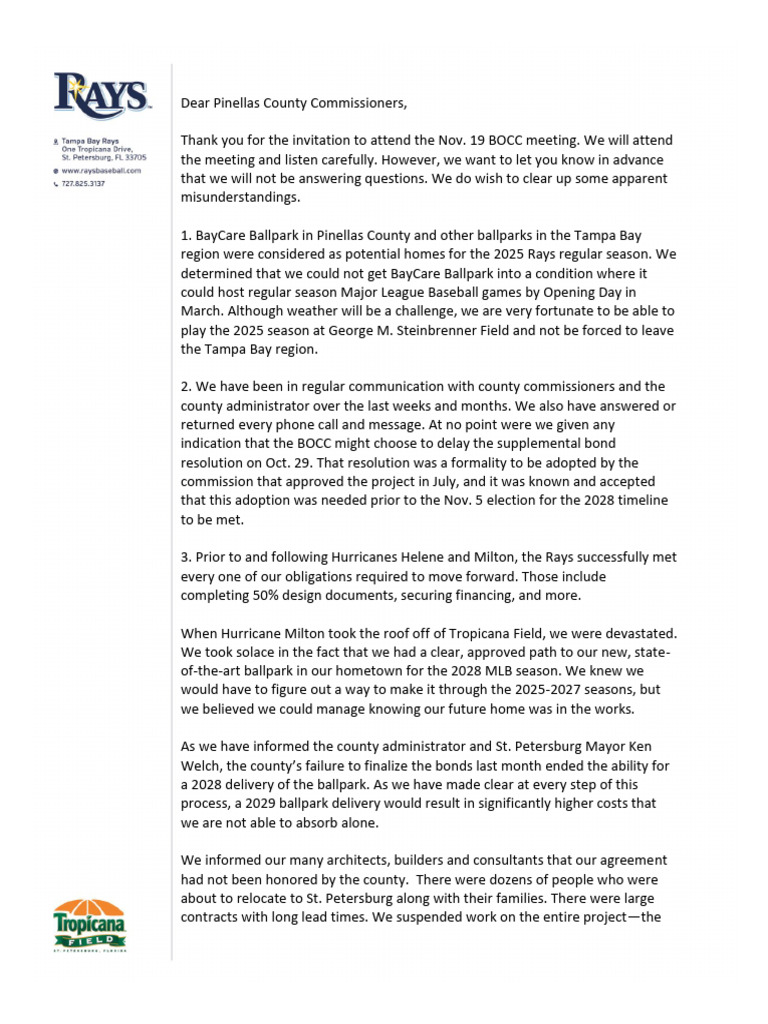 Tampa Bay Rays Letter | PDF | Tampa | Major League Baseball