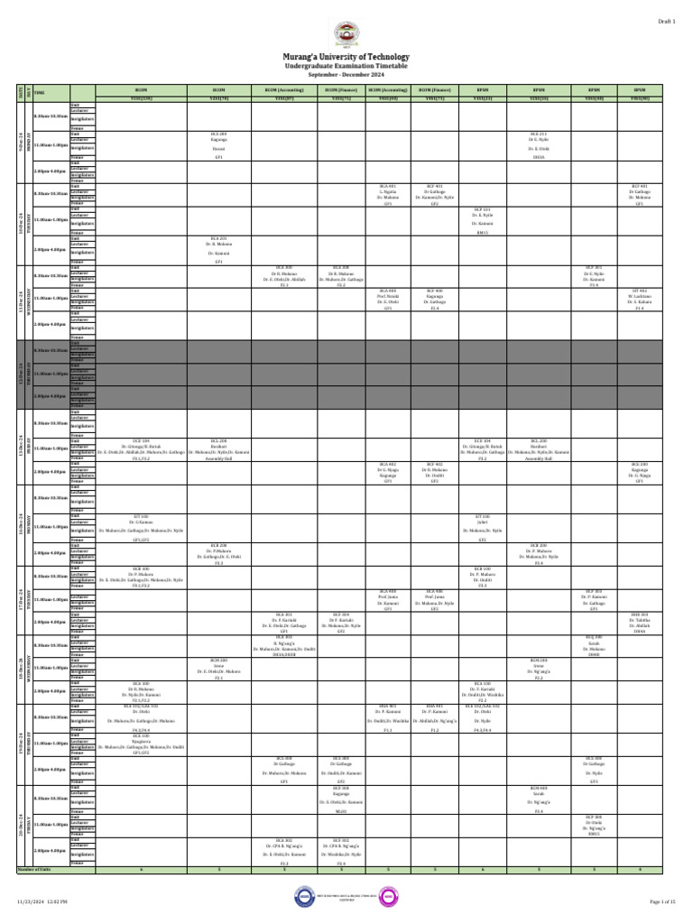 Examination Timetable September - December 2024 Undergraduate | PDF