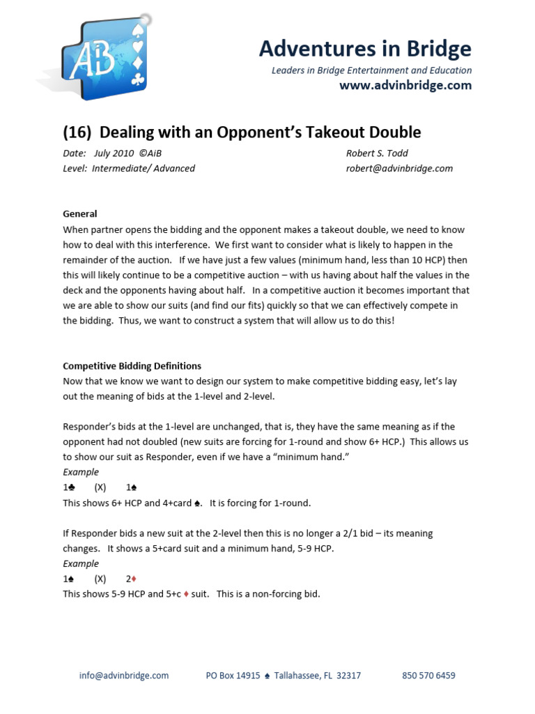 16 Dealing With Opponents' Takeout Double | PDF | Contract Bridge | Sports