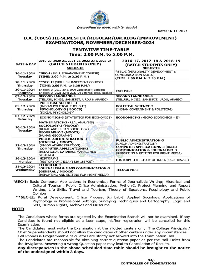 Iii-Semester Ug Time Table Nov-2024 | PDF | Biology | Analytics